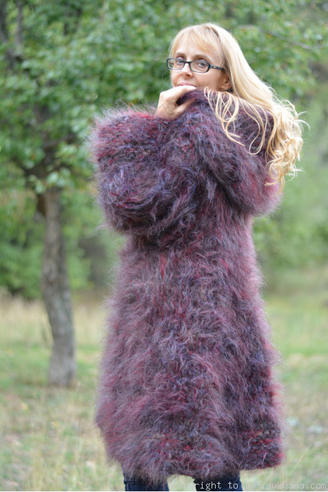 Hand knitted chunky and fuzzy hooded mohair coat/CA10