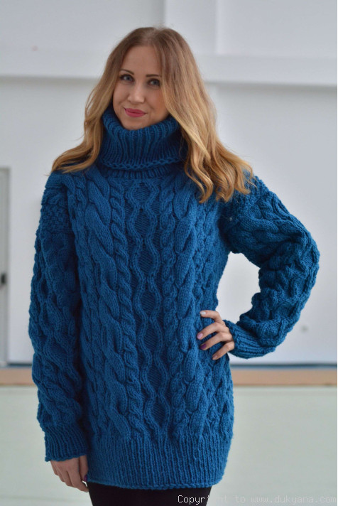 Knitted mens merino blend T-neck cabled sweater in teal blue/TM57