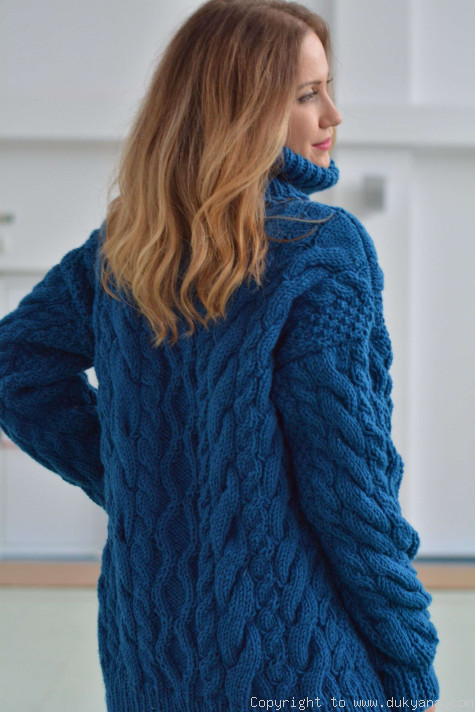 Knitted mens merino blend T-neck cabled sweater in teal blue/TM57